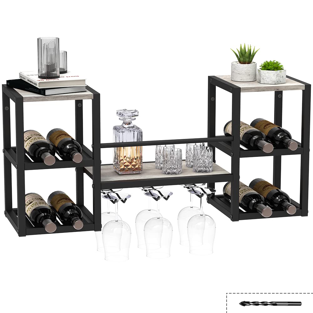 GiftGo Industrial Greige Wall Mounted Wine Rack with 3 Steam Glass Holder Partial Wood Shelf Black Metal Bottle Holder Multi Functional Wine Storage Display Rack for Home Bar Dining Room Kitchen