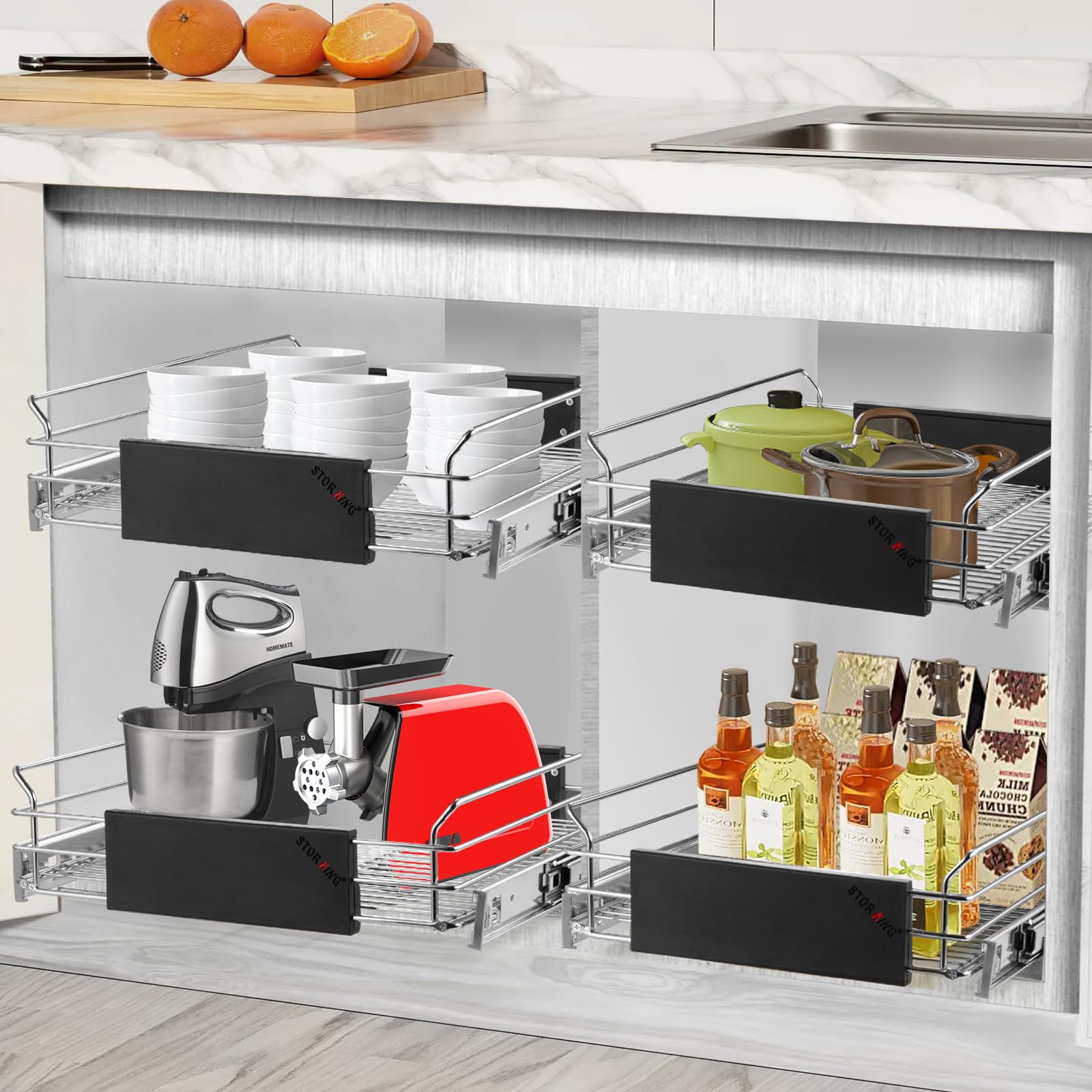 One Tier Expandable Pull Out Kitchen Cabinet Organizer,12.5" W X 19.7" D X 5.3”H,Easily Adjustable Width from 12.5" to 20.2" ,Slide Out Kitchen Cabinet Storage Shelves ,Wire Frame,Chrome Finish