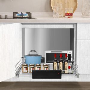 One Tier Expandable Pull Out Kitchen Cabinet Organizer,12.5" W X 19.7" D X 5.3”H,Easily Adjustable Width from 12.5" to 20.2" ,Slide Out Kitchen Cabinet Storage Shelves ,Wire Frame,Chrome Finish