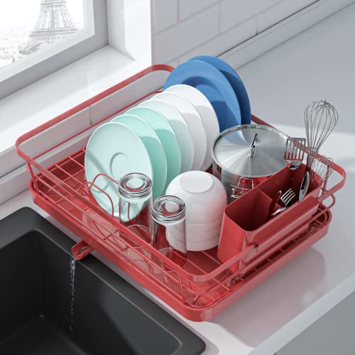 Kitsure Dish Drying Rack, Space-Saving Dish Rack, Dish Racks for Kitchen Counter, Durable Stainless Steel Kitchen Drying Rack with a Cutlery Holder, Red