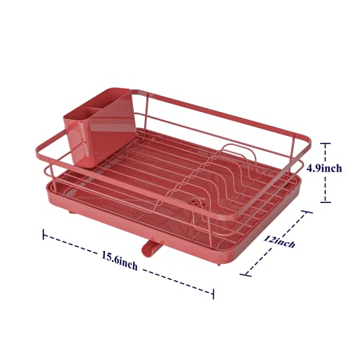 Kitsure Dish Drying Rack, Space-Saving Dish Rack, Dish Racks for Kitchen Counter, Durable Stainless Steel Kitchen Drying Rack with a Cutlery Holder, Red