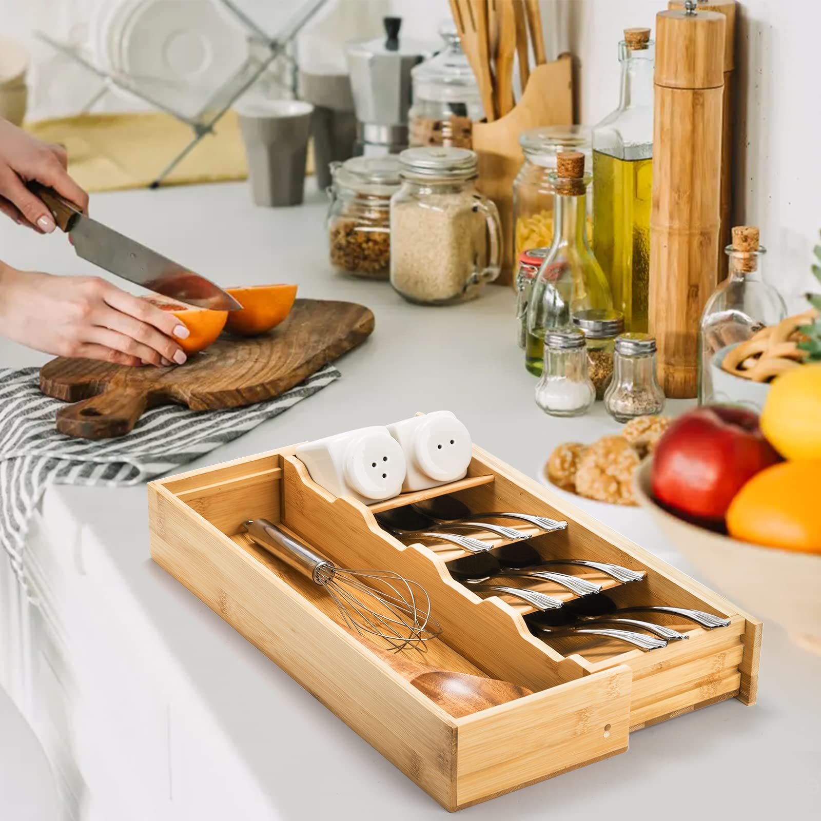 Fasmov Silverware Organizer Storage Tray, Bamboo Compact Utensil Organizer, Cutlery Expandable Organizer for Kitchen Drawer Holding Flatware Spoons Forks