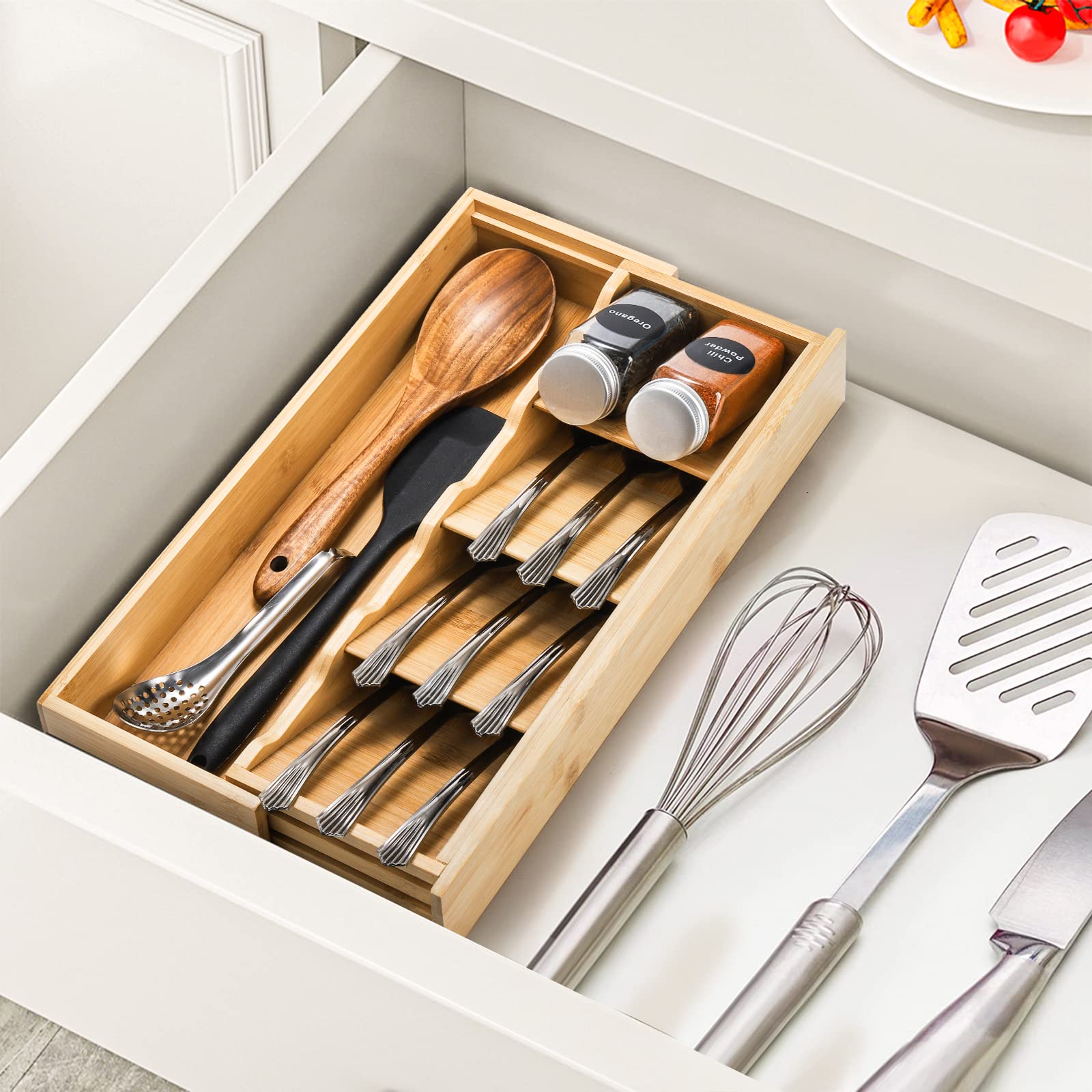 Fasmov Silverware Organizer Storage Tray, Bamboo Compact Utensil Organizer, Cutlery Expandable Organizer for Kitchen Drawer Holding Flatware Spoons Forks