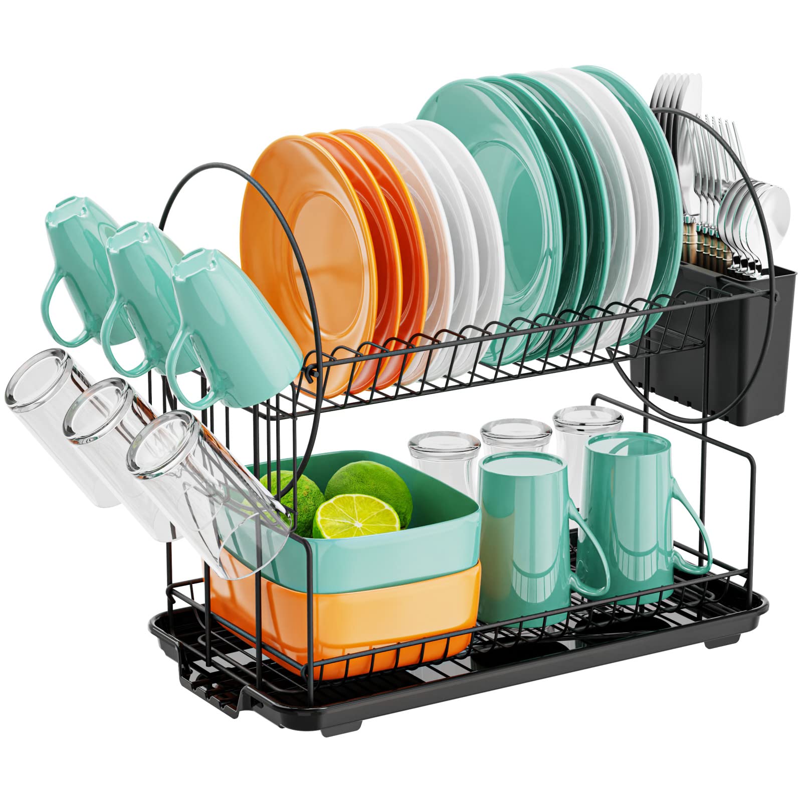 iSPECLE Dish Drying Rack, Small Dish Drainers for Kitchen Counter 2 Tier Dish Rack with Cup Holder Utensil Holder and Drainboard Set, Black