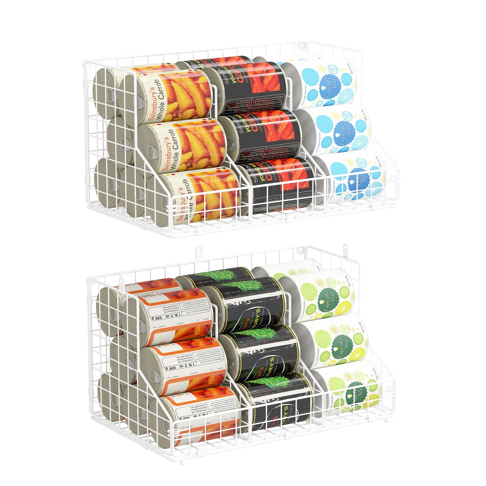 Stackable Can Rack Organizer for Pantry Storage, Can Dispensers with 4 Adjustable Dividers, 2-Tier Metal Wire Basket Beverage Pop Soda Rack for Kitchen Cabinet Pantry, White