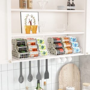 Stackable Can Rack Organizer for Pantry Storage, Can Dispensers with 4 Adjustable Dividers, 2-Tier Metal Wire Basket Beverage Pop Soda Rack for Kitchen Cabinet Pantry, White