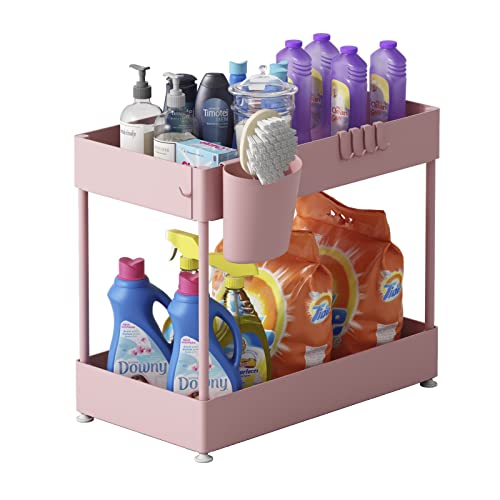 NYYTGE Double Sliding Under Sink Organizer, 2 Tier Bathroom Organizer with 1 Cup 4 Hooks, Multi-purpose Under Cabinet Storage Rack, Under Sink Organizers and Storage for Home Kitchen Organization