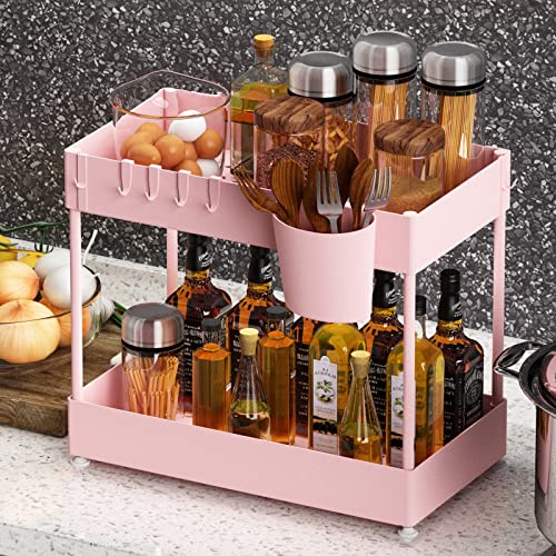 NYYTGE Double Sliding Under Sink Organizer, 2 Tier Bathroom Organizer with 1 Cup 4 Hooks, Multi-purpose Under Cabinet Storage Rack, Under Sink Organizers and Storage for Home Kitchen Organization