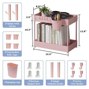 NYYTGE Double Sliding Under Sink Organizer, 2 Tier Bathroom Organizer with 1 Cup 4 Hooks, Multi-purpose Under Cabinet Storage Rack, Under Sink Organizers and Storage for Home Kitchen Organization