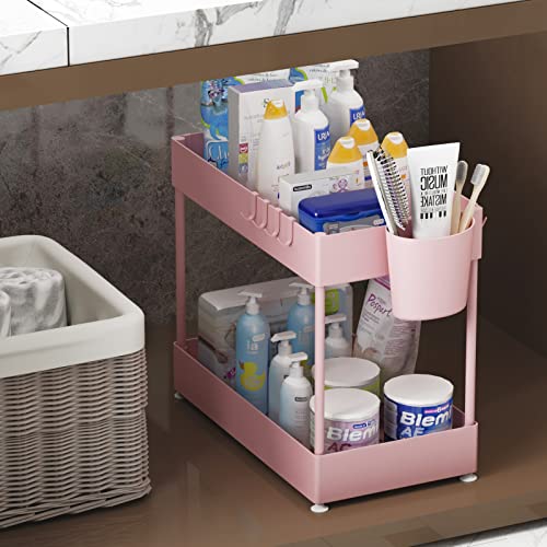 NYYTGE Double Sliding Under Sink Organizer, 2 Tier Bathroom Organizer with 1 Cup 4 Hooks, Multi-purpose Under Cabinet Storage Rack, Under Sink Organizers and Storage for Home Kitchen Organization