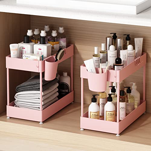 NYYTGE Double Sliding Under Sink Organizer, 2 Tier Bathroom Organizer with 1 Cup 4 Hooks, Multi-purpose Under Cabinet Storage Rack, Under Sink Organizers and Storage for Home Kitchen Organization