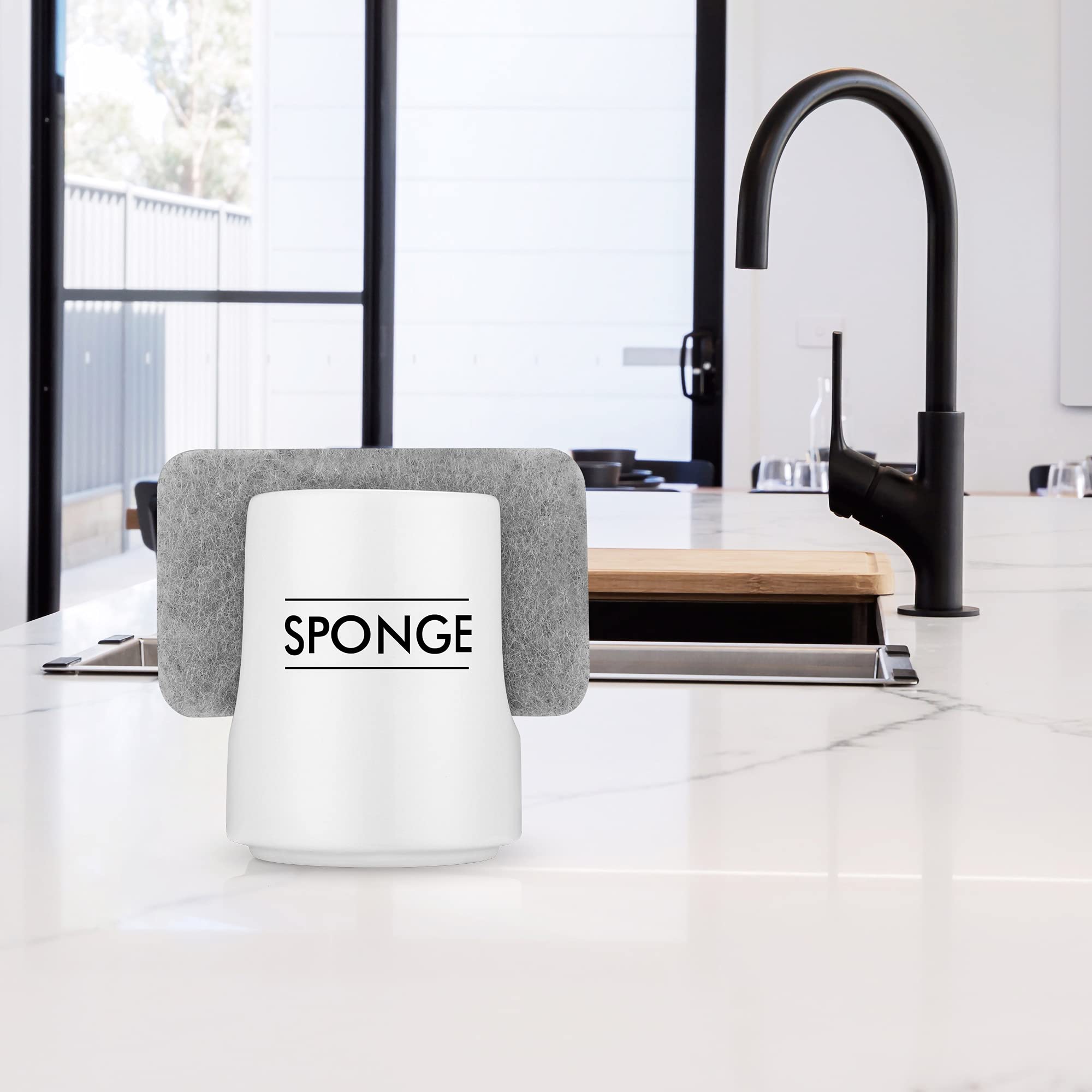 Sponge Holder for Sink - Dish Sponge Caddy for Kitchen Sink with Sponge - Farmhouse Sink Sponge Holder made of White Ceramic Porcelain - Kitchen Sink Organizer for Sink Accessories