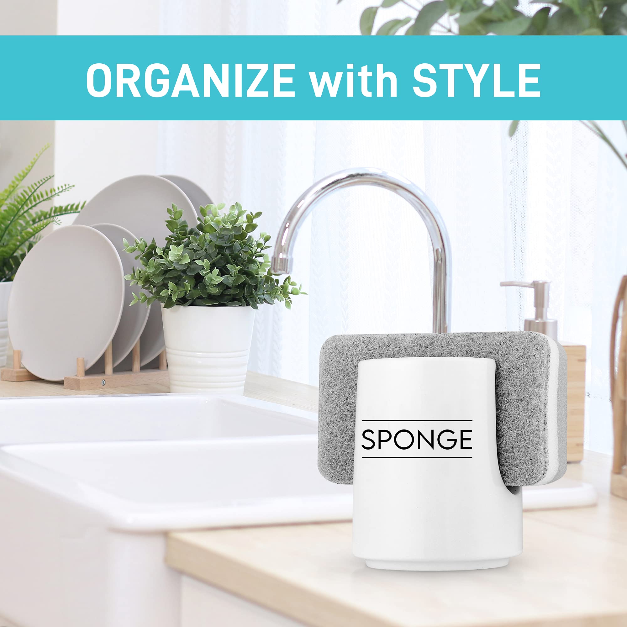 Sponge Holder for Sink - Dish Sponge Caddy for Kitchen Sink with Sponge - Farmhouse Sink Sponge Holder made of White Ceramic Porcelain - Kitchen Sink Organizer for Sink Accessories