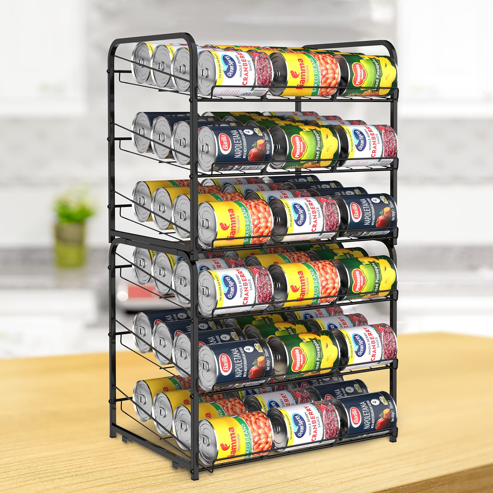 HAITRAL 2 Pack Can Rack Organizer, 3 Tier Stackable Can Storage Dispenser Holder, for Food Storage, Countertops or Kitchen Cabinets, Storage for 36 Cans (Each), Black