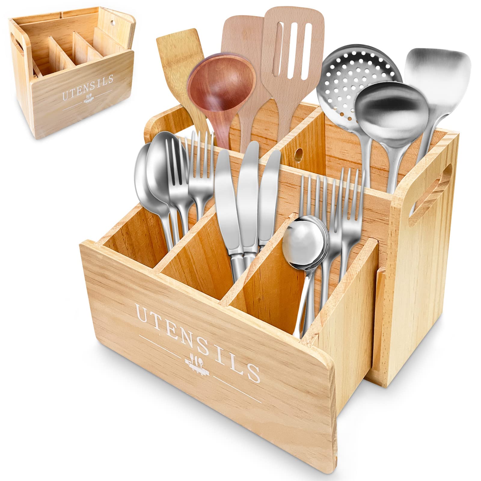 Yleric kitchen utensil organizer for countertop,wooden utensil holder organizer-5 compartments with splints,The tableware rack is used for storing knives, forks, spoons and napkins. (natural)