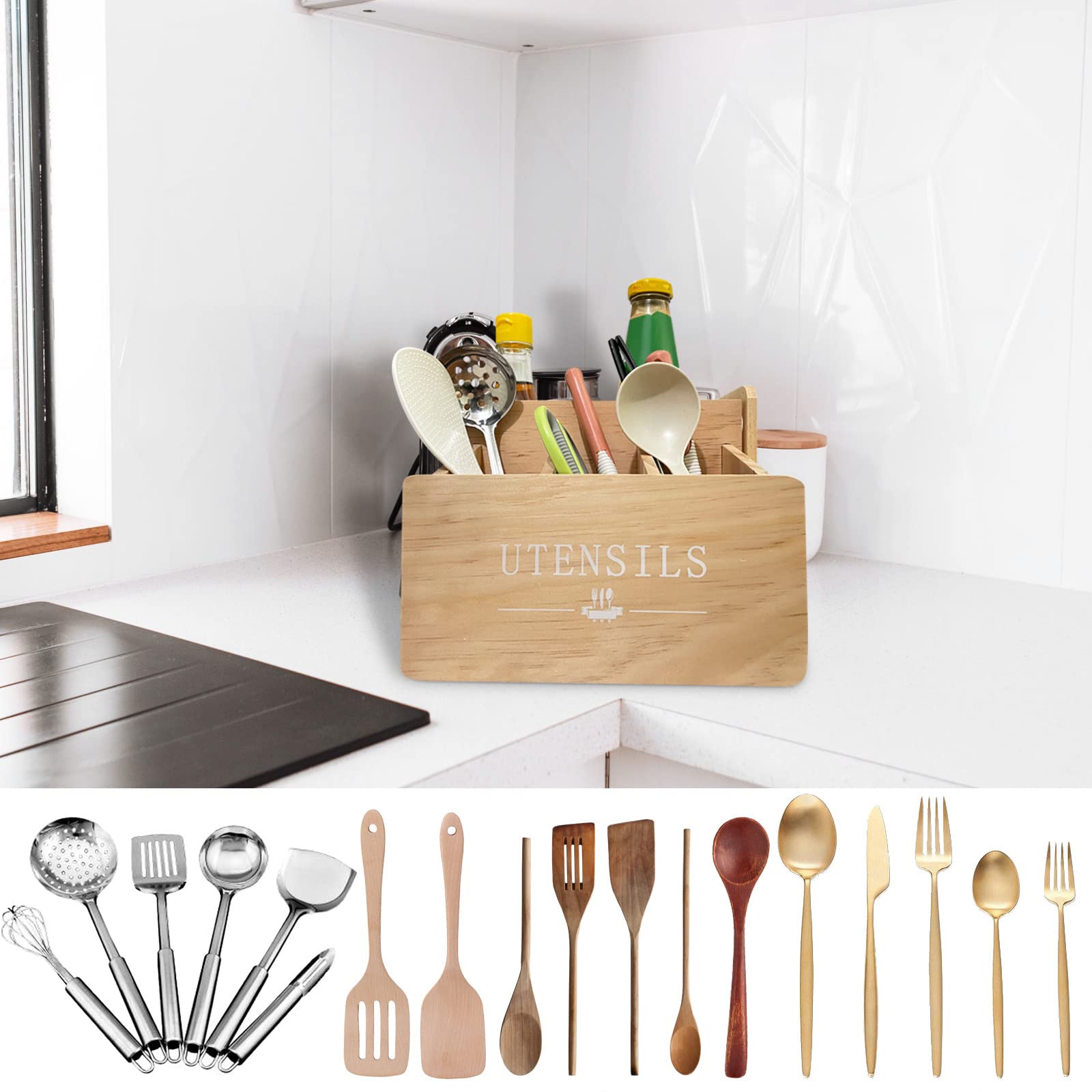 Yleric kitchen utensil organizer for countertop,wooden utensil holder organizer-5 compartments with splints,The tableware rack is used for storing knives, forks, spoons and napkins. (natural)