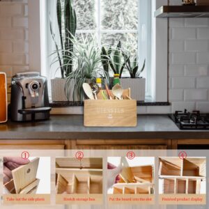 Yleric kitchen utensil organizer for countertop,wooden utensil holder organizer-5 compartments with splints,The tableware rack is used for storing knives, forks, spoons and napkins. (natural)