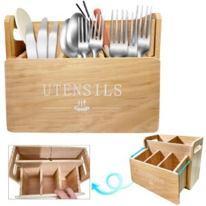 Yleric kitchen utensil organizer for countertop,wooden utensil holder organizer-5 compartments with splints,The tableware rack is used for storing knives, forks, spoons and napkins. (natural)