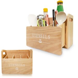 Yleric kitchen utensil organizer for countertop,wooden utensil holder organizer-5 compartments with splints,The tableware rack is used for storing knives, forks, spoons and napkins. (natural)