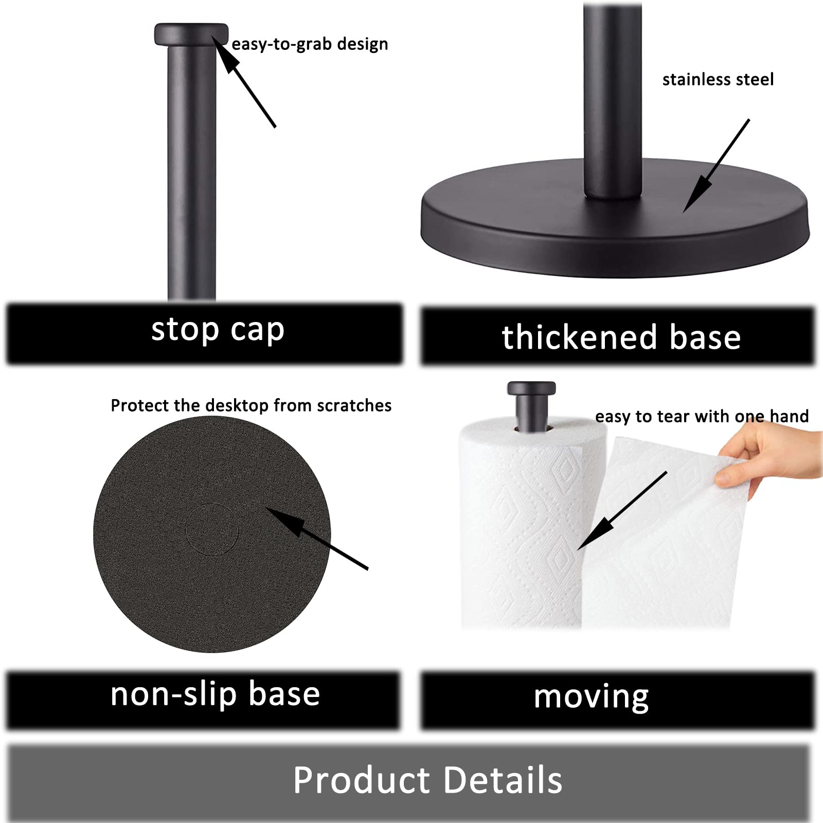 GWGTHZ Stainless Steel Paper Towel Holder, Black Paper Towel Holder Countertop for Kitchen Bathroom, Standing Paper Towel Holder with Weighted Base for Standard, Paper Towel Holder Matte Black