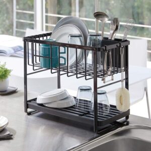 YAMAZAKI Home Tower Two-Tier Adjustable Dish Drainer Rack, Compact Drying Rack with Hooks, Utensils Holder - Steel -