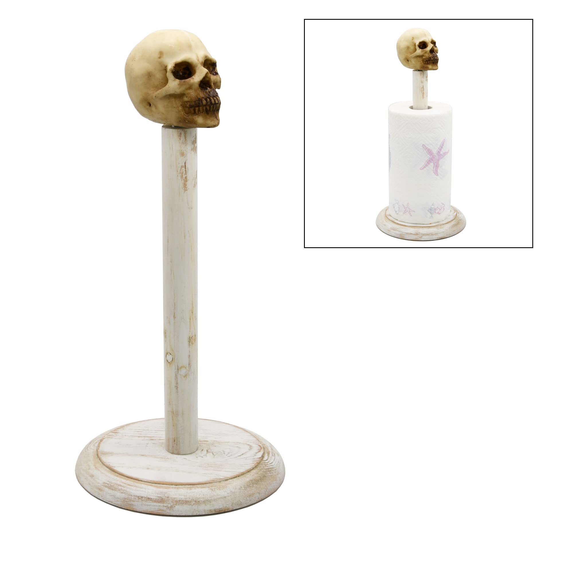 Rustic Wood Skull Paper Towel Holder Stand Up Paper Towel Holder, Easy One-Handed Tear Kitchen Paper Towel Dispenser with Weighted Base for Standard Paper Towel Rolls,Rustic White