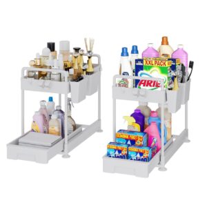 bayankhar under sink organizers and storage, multi-purpose bathroom organizer under sink, 2 tier under kitchen sink organizer sliding cabinet organizer basket with hooks,hanging cup,white,2 pack