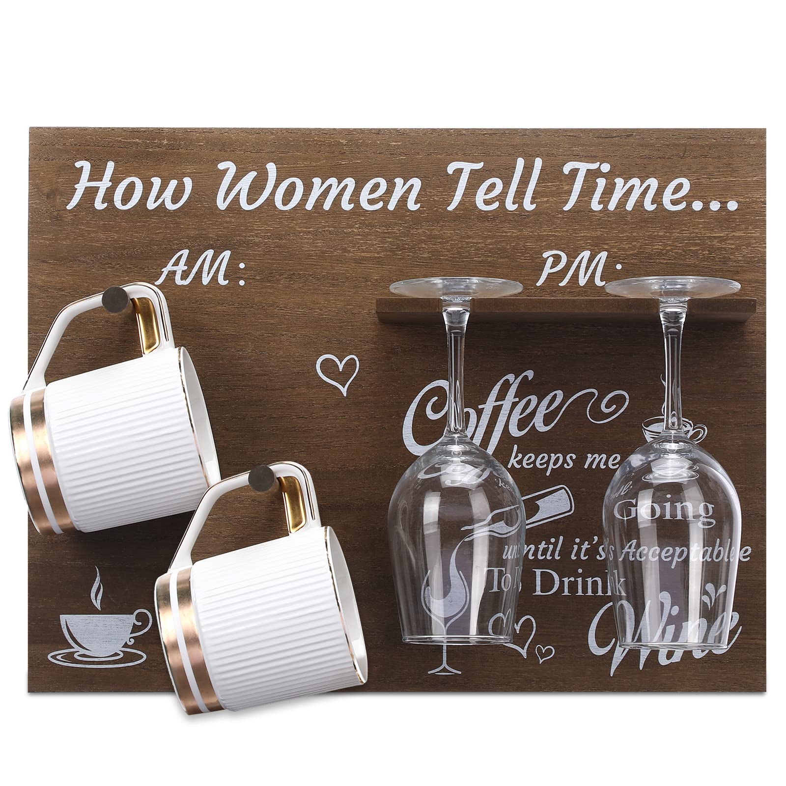 Maitys Funny Gifts Wine Gifts for Women Coffee and Wine Holder How Women Tell Time Mug Rack Wine Glass Holder Farmhouse Kitchen Decor