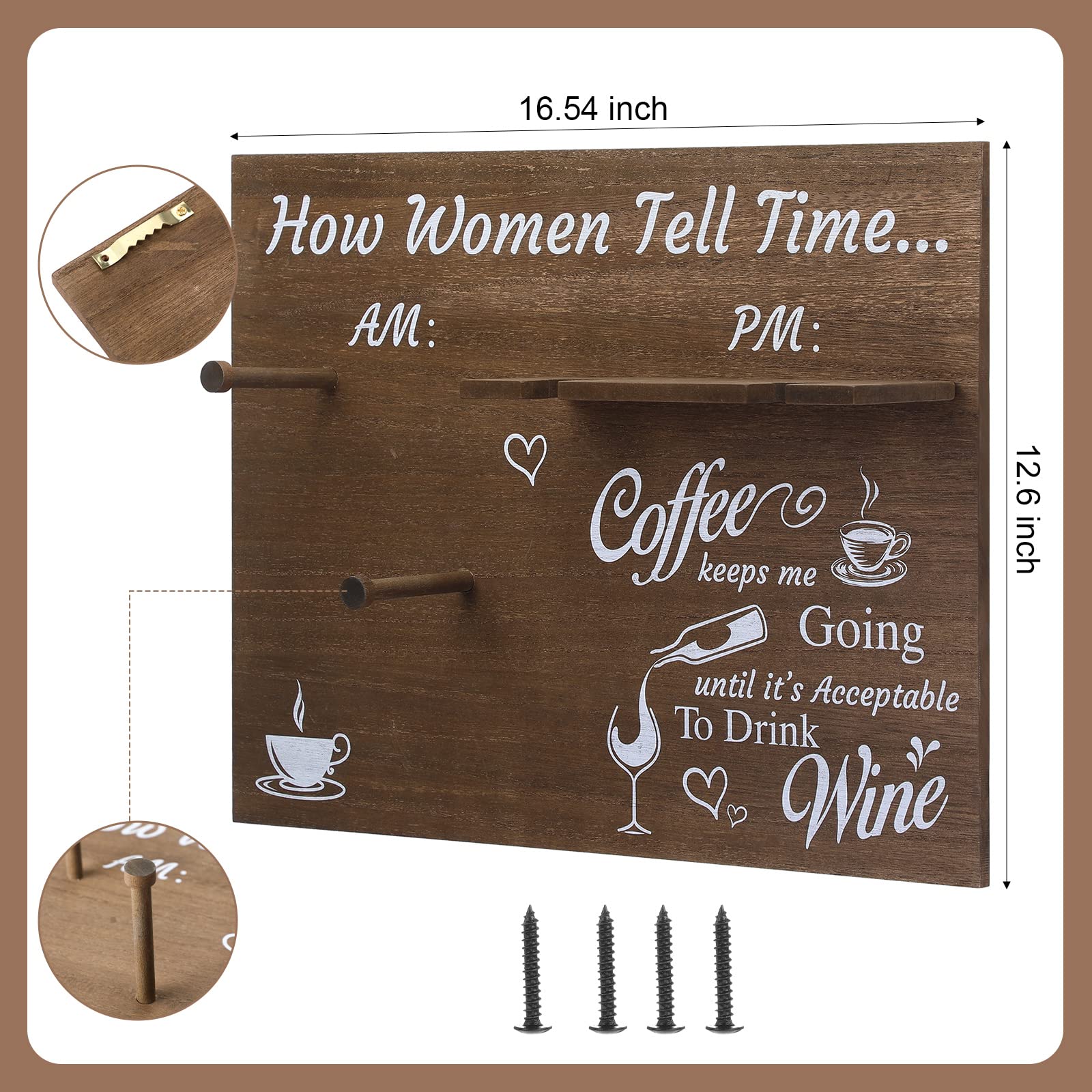 Maitys Funny Gifts Wine Gifts for Women Coffee and Wine Holder How Women Tell Time Mug Rack Wine Glass Holder Farmhouse Kitchen Decor