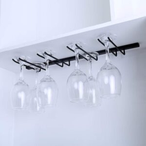 TANGGU Wine Glass Rack Under Cabinet,Metal Hanging Wine Glass Holder,Stemware Holder Stemware Rack Holds up to 8 Glasses,Wine Glass Hanger Glasses Organizer for Home Bar Kitchen(Black)