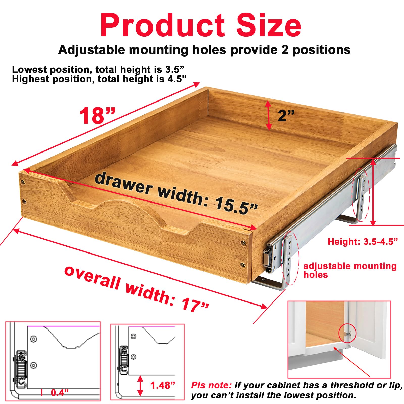 DINDON Pull Out Cabinet Organizer (17" W x 18" D) 1 Tier，Single Tier Oak Wood Under Cabinet Slide Out Shelf Drawer Box…