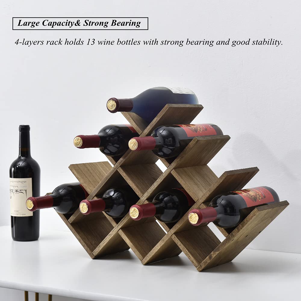 KIRIGEN Wooden 13-Bottle Wine Rack - Nature Wood 4-Tier Wine Display Rack/Free Standing and Countertop Wine Storage Shelf - Bottle Holder/Cabinet Glass Rack XHJJ4-NA