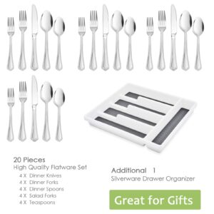 20 Pieces Silverware Set with Organizer/Tray for 4, HaWare Stainless Steel Flatware Cutlery Set, Elegant Design for Home Hotel Kitchen Wedding, Mirror Polished & Dishwasher Safe