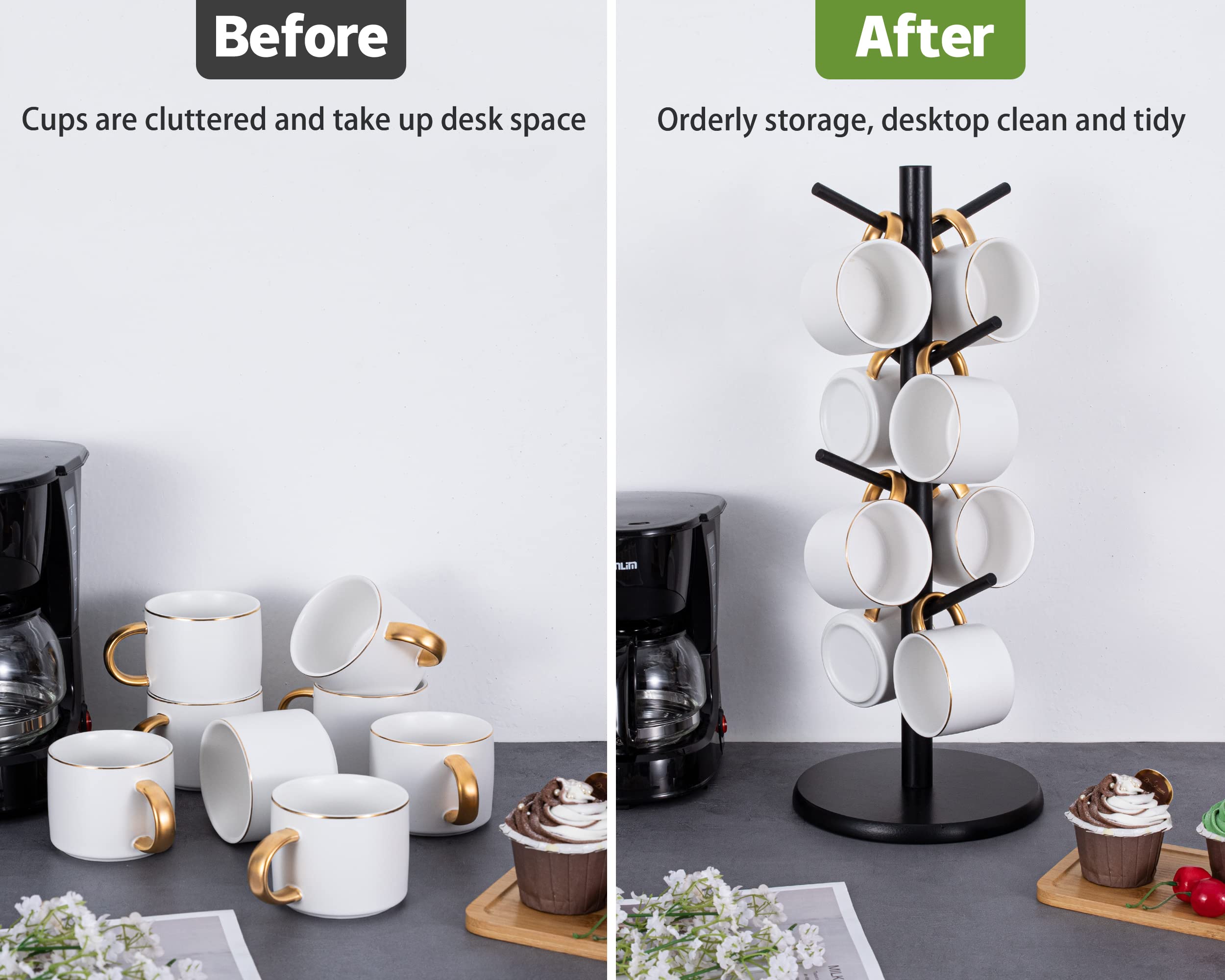 MyLifeUNIT Mug Holder Tree, Black Coffee Cup Holder with 8 Hooks, Wood Mug Hanger Stand for Counter