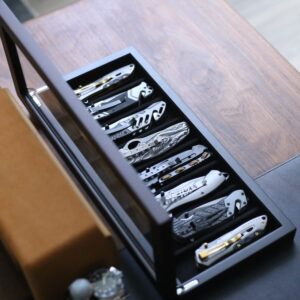 Besforu Knife Display Case Organizer storage 8 pocket knives, Folding Knife Holder with Real Glass Window Top， Pocket knife collection box for men gift (Ebony Veneer 8 slot)