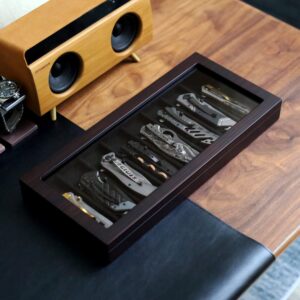 Besforu Knife Display Case Organizer storage 8 pocket knives, Folding Knife Holder with Real Glass Window Top， Pocket knife collection box for men gift (Ebony Veneer 8 slot)