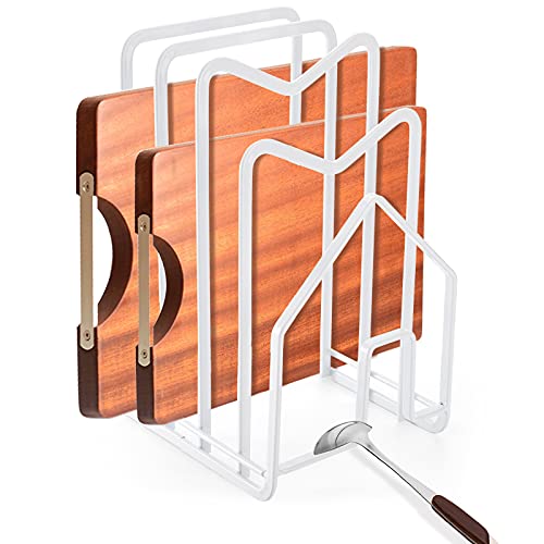 Suwimut Cutting Board Rack Chopping Board Organizer Stand, Flat Steel Pot Pan Lids Holder Rack with 4 Slots for Kitchen Cabinet Countertop, 4.92 x 5.71 x 8.46 Inches, White