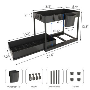 Usbalano 2-Tier Under Sink Organizer, Sliding Under Bathroom Cabinet Storage Drawer Organizer with Hooks, Hanging Cup, Multi-purpose Under Sink Shelf Organizer, Black