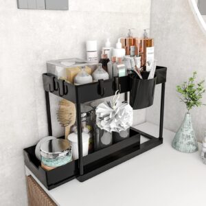 Usbalano 2-Tier Under Sink Organizer, Sliding Under Bathroom Cabinet Storage Drawer Organizer with Hooks, Hanging Cup, Multi-purpose Under Sink Shelf Organizer, Black