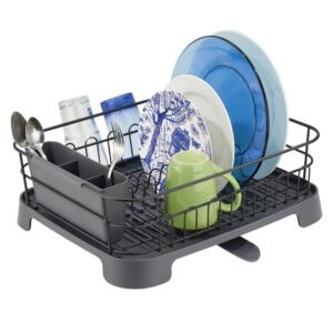 mdesign alloy steel sink dish drying rack holder with plastic swivel spout drainboard tray - dish rack/dish drainer storage organizer for kitchen counter - concerto collection - matte black/slate