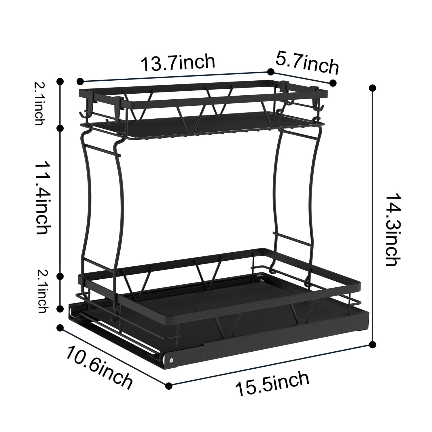 FHCZYYZ Under Sink Organizer and Storage, 2-Tier Pull Out Kitchen Under Sink Shelf Cabinet Storage, Multi-Purpose Slide Out Bathroom Under Sink Drawer Organizer Shelves with 4 Hooks, Black