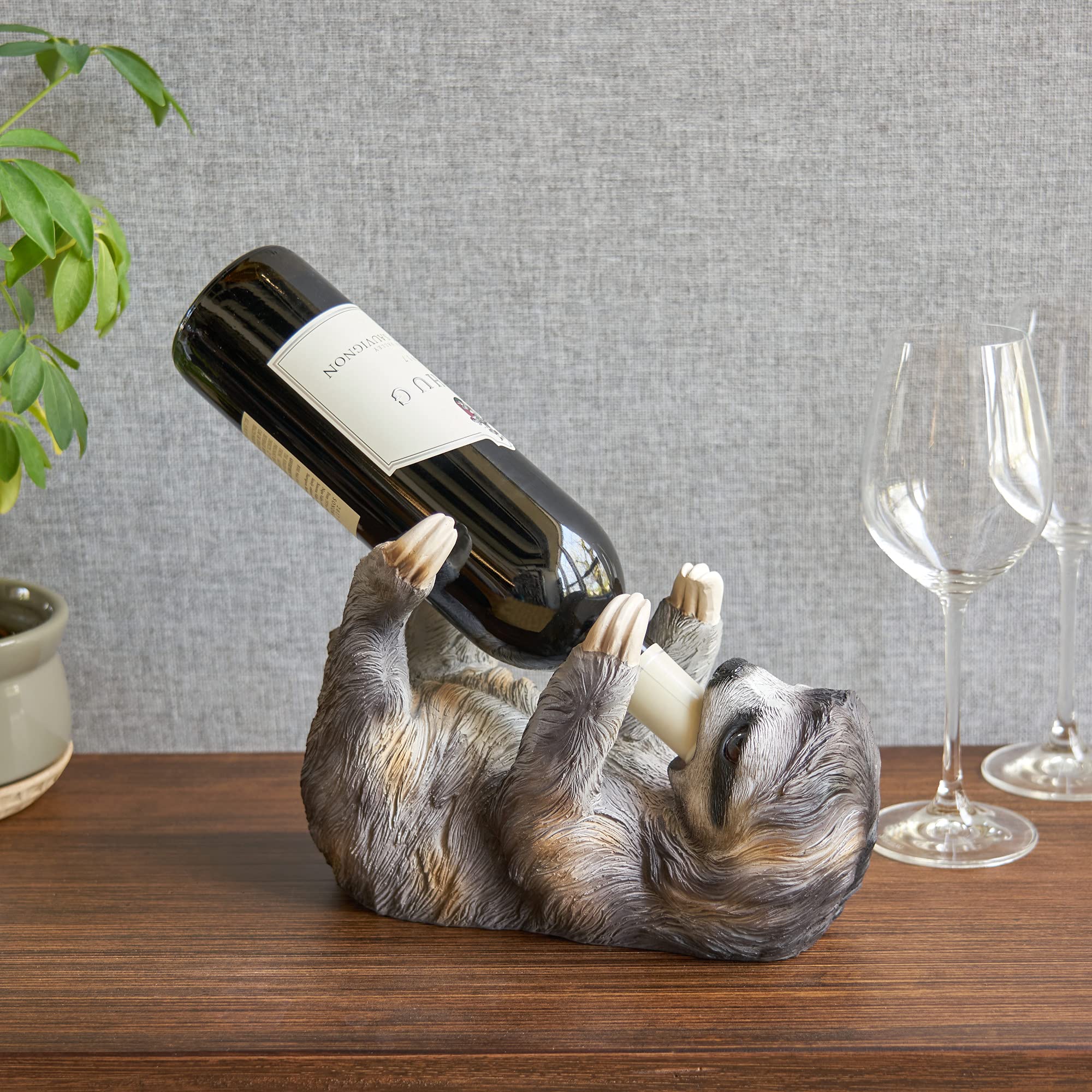 True Sloth Polyresin Wine Bottle Holder, Felt Base, Set of 1, Grey, Holds 1 Standard Wine Bottle, Novelty Wine Decor