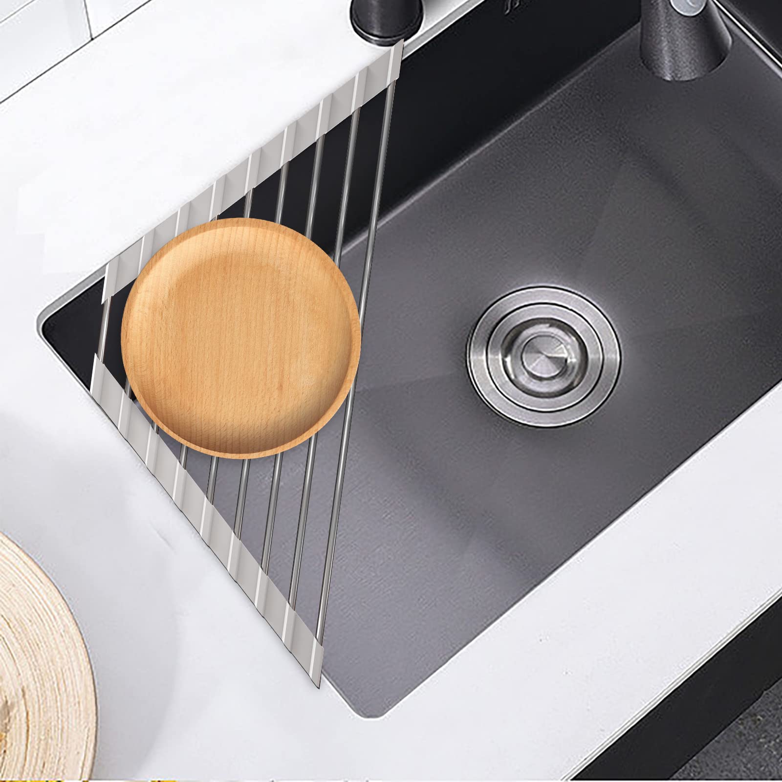 LLYLIU Triangle Roll Up Dish Drying Rack - Over The Sink Kitchen Roll up Sink Drying Rack Sink Caddy Sponge Holder