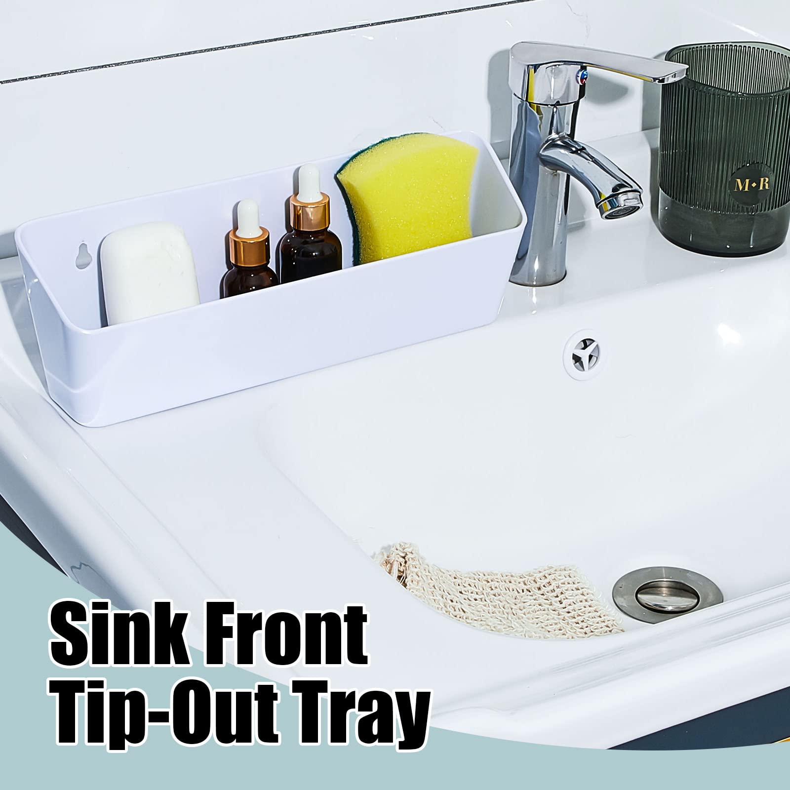 2 Pack Tip Out Tray for Sink with Hinges 11 Inch Front Sink Drawer Tip Out Tray Kit False Drawer Front Clips Flip Sponge Holder for Kitchen, White