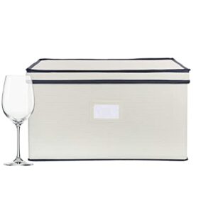 Chapman & Grand Wine Glass Storage Chest, Protective Container Box with Lid for Stemware, (Light Beige-Navy)