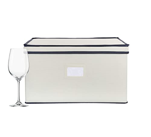 Chapman & Grand Wine Glass Storage Chest, Protective Container Box with Lid for Stemware, (Light Beige-Navy)