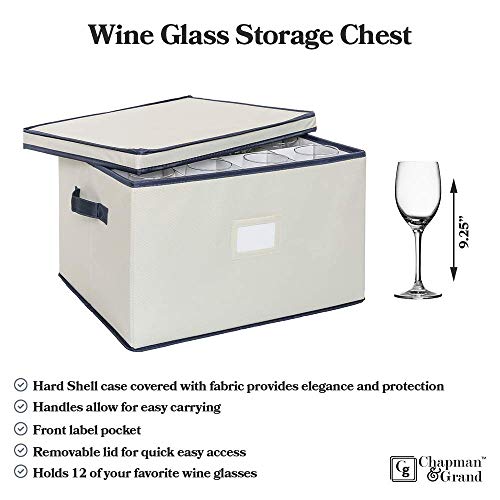 Chapman & Grand Wine Glass Storage Chest, Protective Container Box with Lid for Stemware, (Light Beige-Navy)