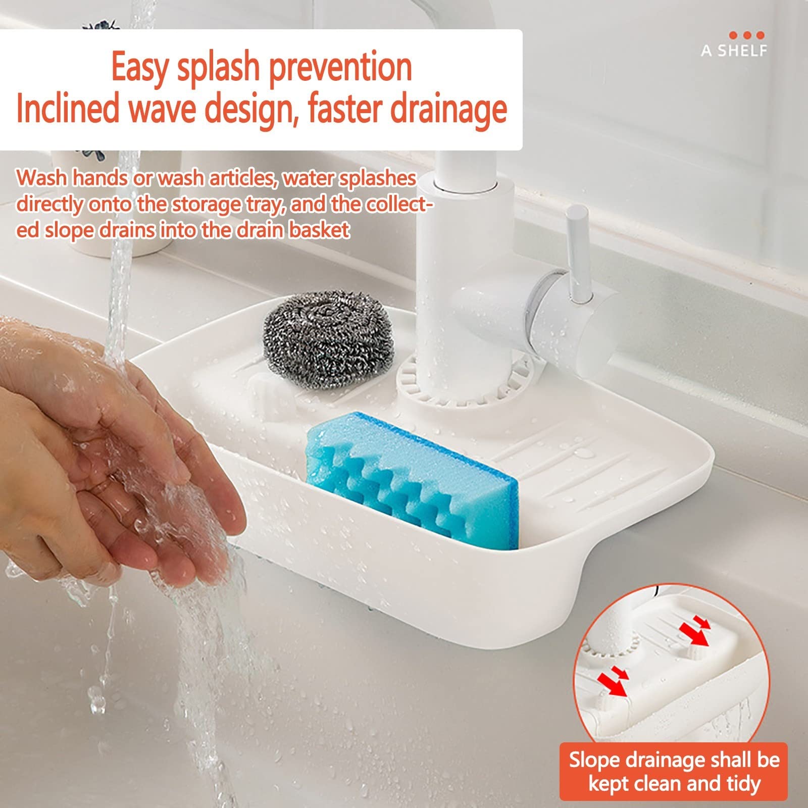 Kitchen Faucet Splash-Proof Draining Rack | Non-Slip Countertop Pad | Storage Rack Mat for Faucet to Keep Sponge | Water Collection Pad | White Rack | Orange Rack (White)