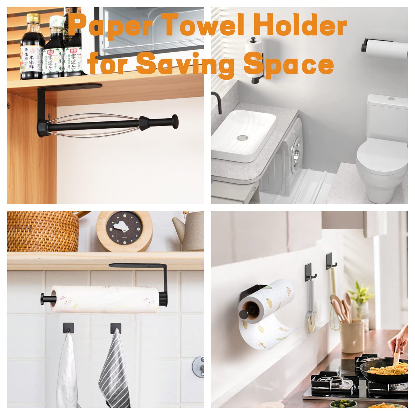 Paper Towel Holder Under Cabinet, Self-Adhesive Paper Towel Holder with 2 Hooks,Single Hand Operable Wall Mount Paper Roll Holder with Damping Effect for Kichen Bathroom