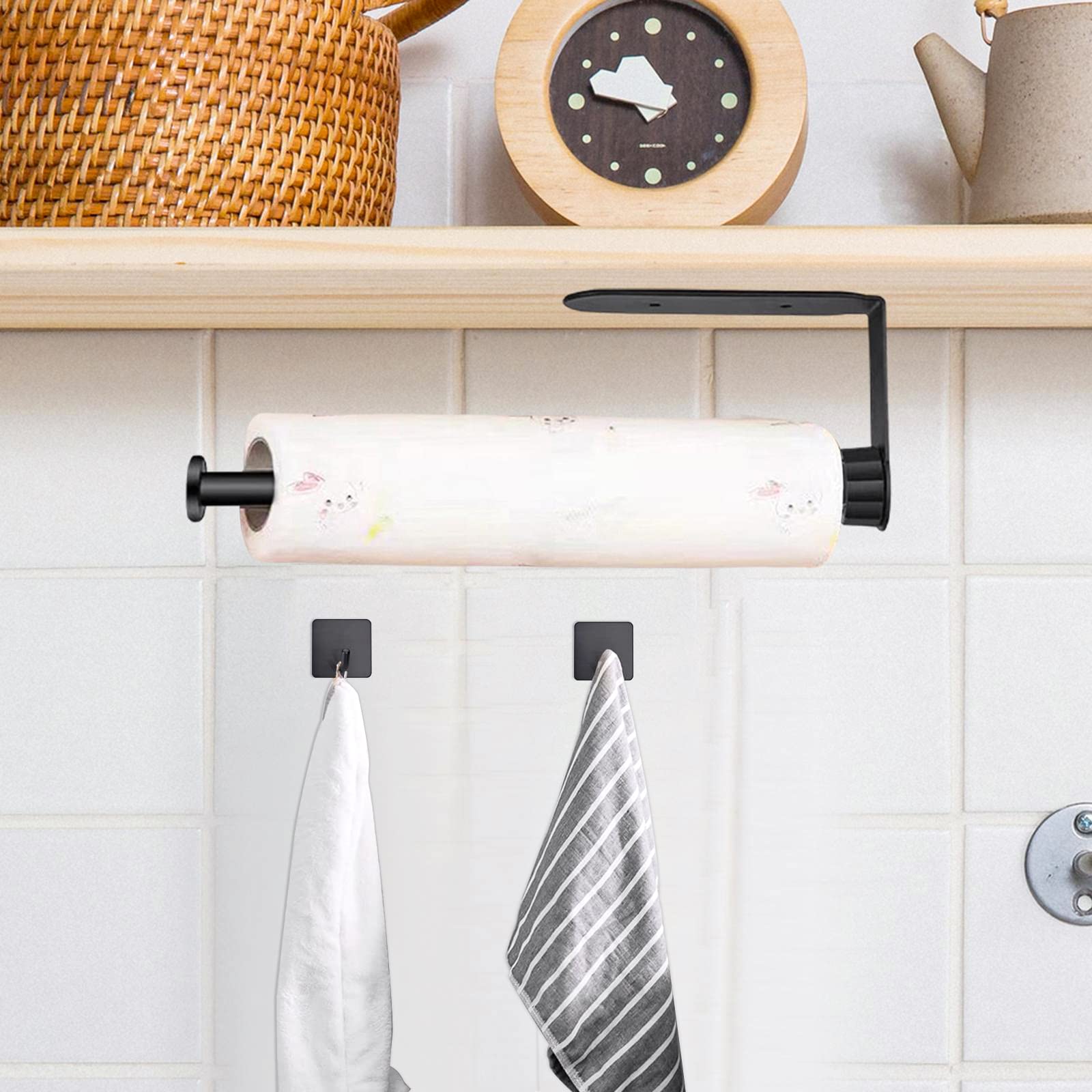 Paper Towel Holder Under Cabinet, Self-Adhesive Paper Towel Holder with 2 Hooks,Single Hand Operable Wall Mount Paper Roll Holder with Damping Effect for Kichen Bathroom